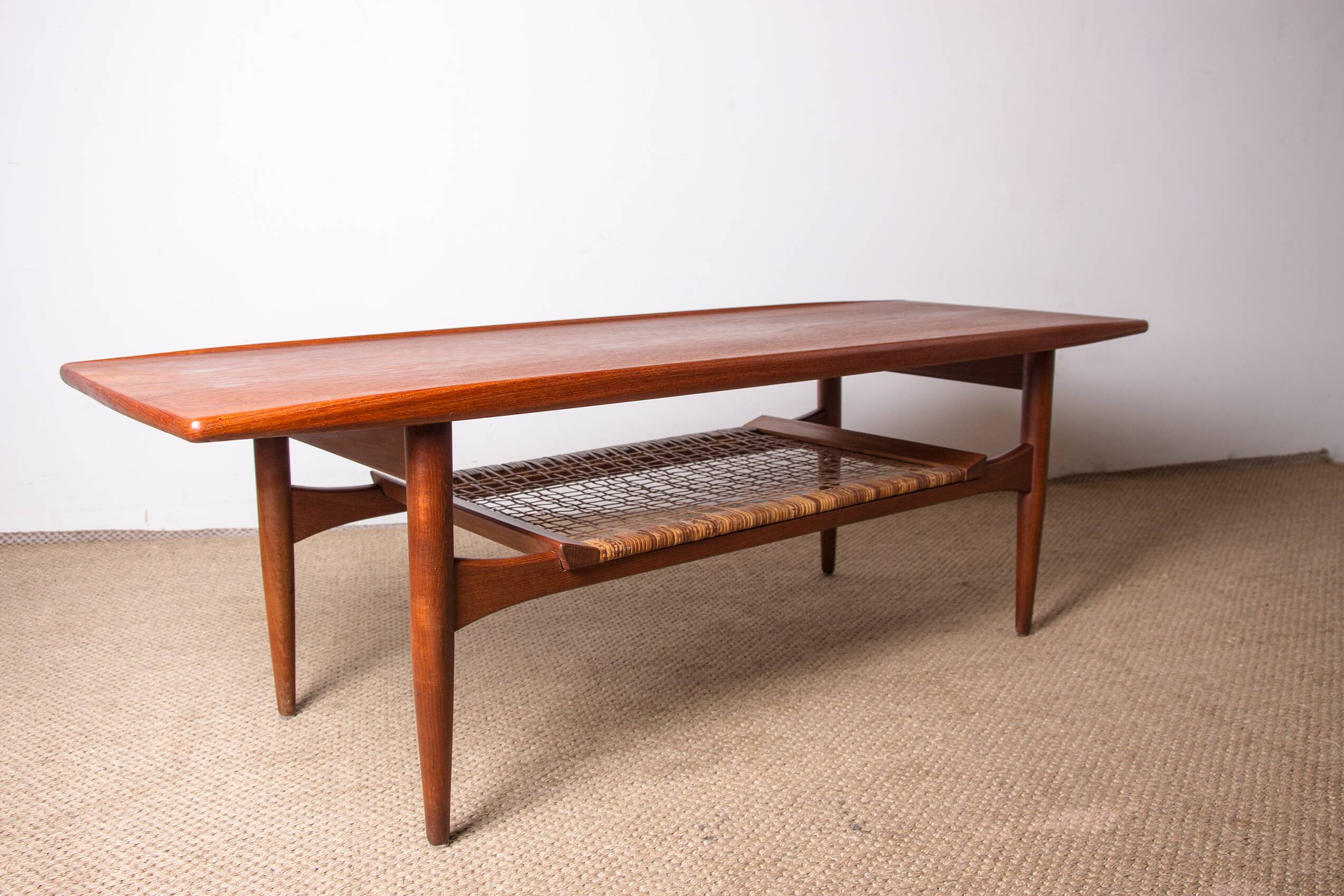 Danish coffee table in teak and rattan by KT Mobler 1960 | Selency
