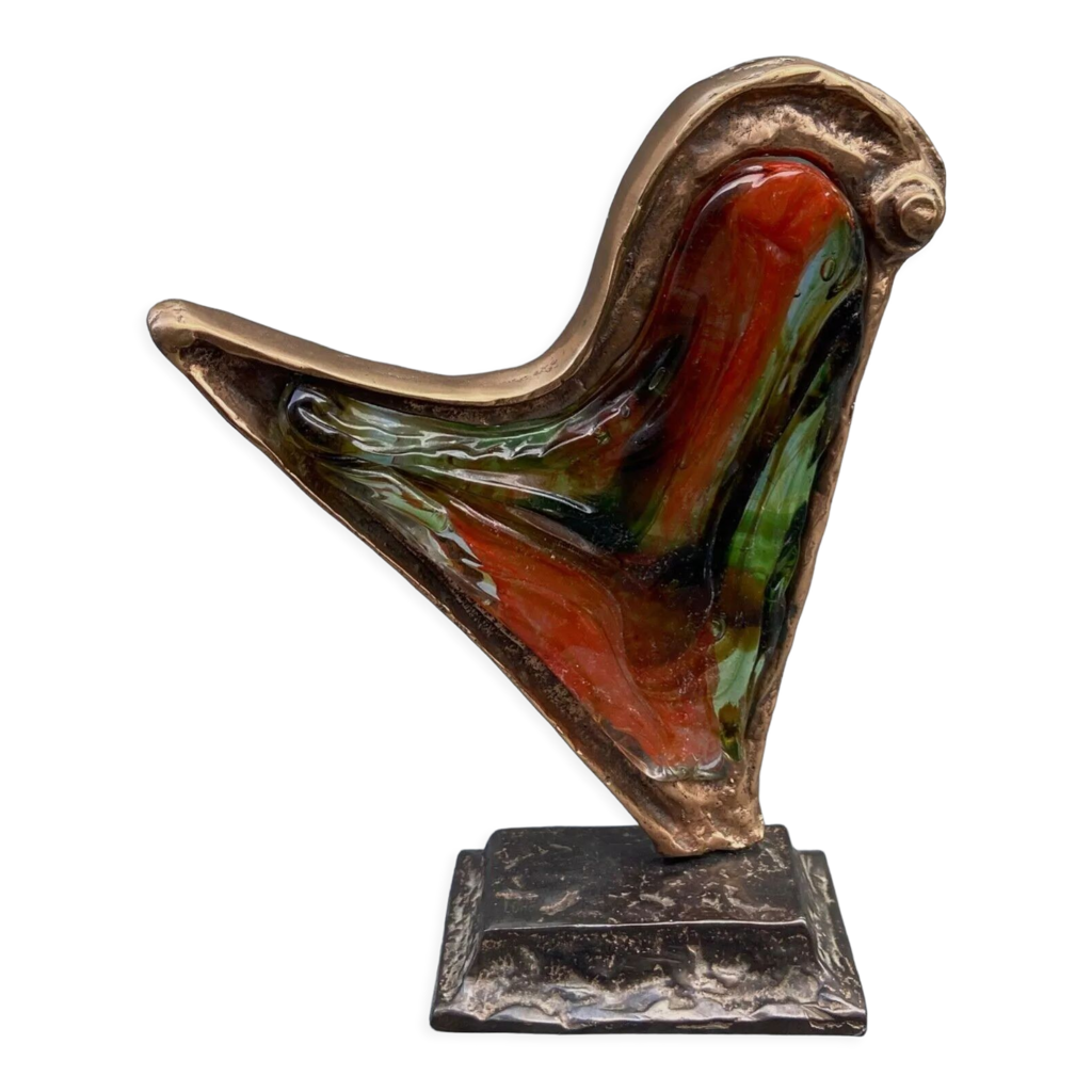 Sculpture par Yves Lohé bronze et pate de verre patine dorée | Selency