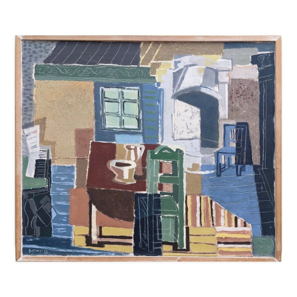 Peinture à l’huile cubiste suédoise vintage « The Farmer’s House ...