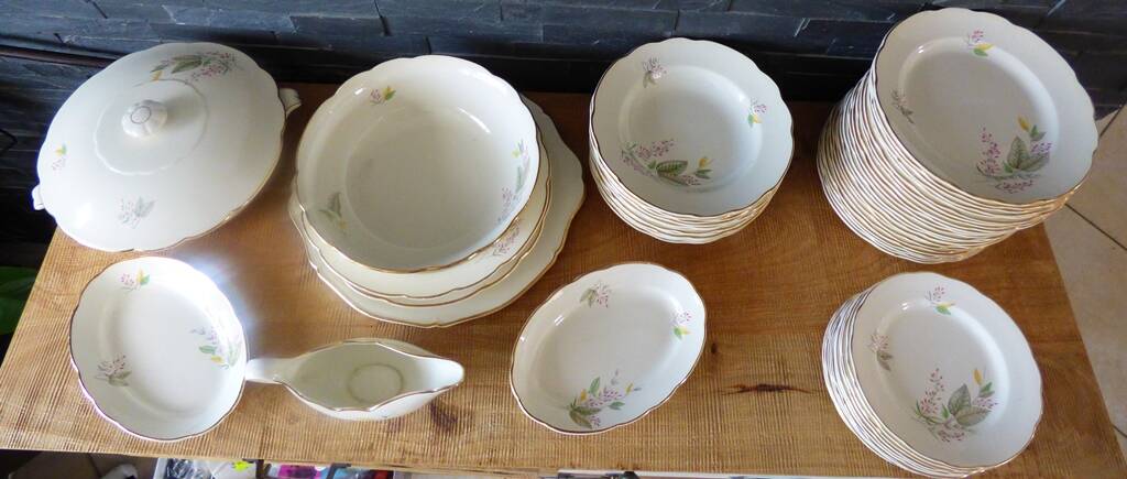 Service 56 pièces porcelaine marque GIEN France modèle Fleurettes motif ...