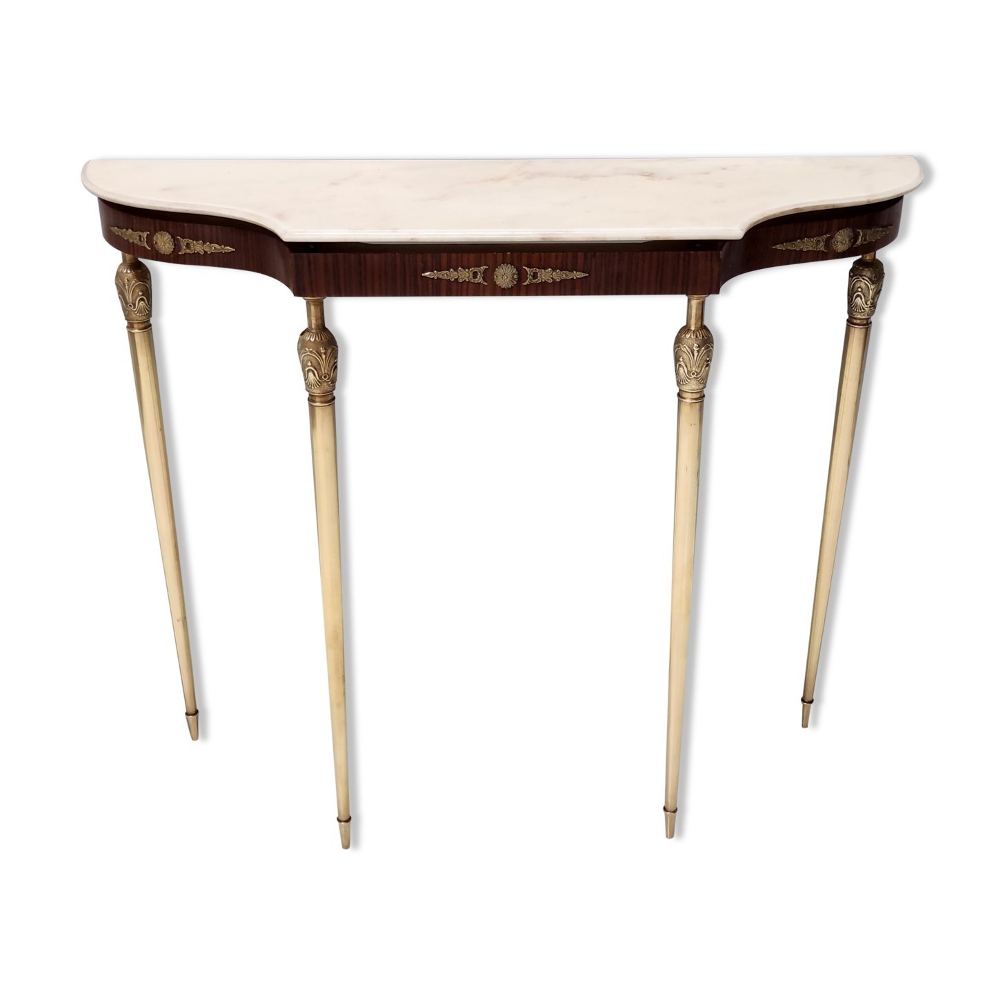 Console en noyer vintage avec plateau en marbre rose portugais et cadre ...