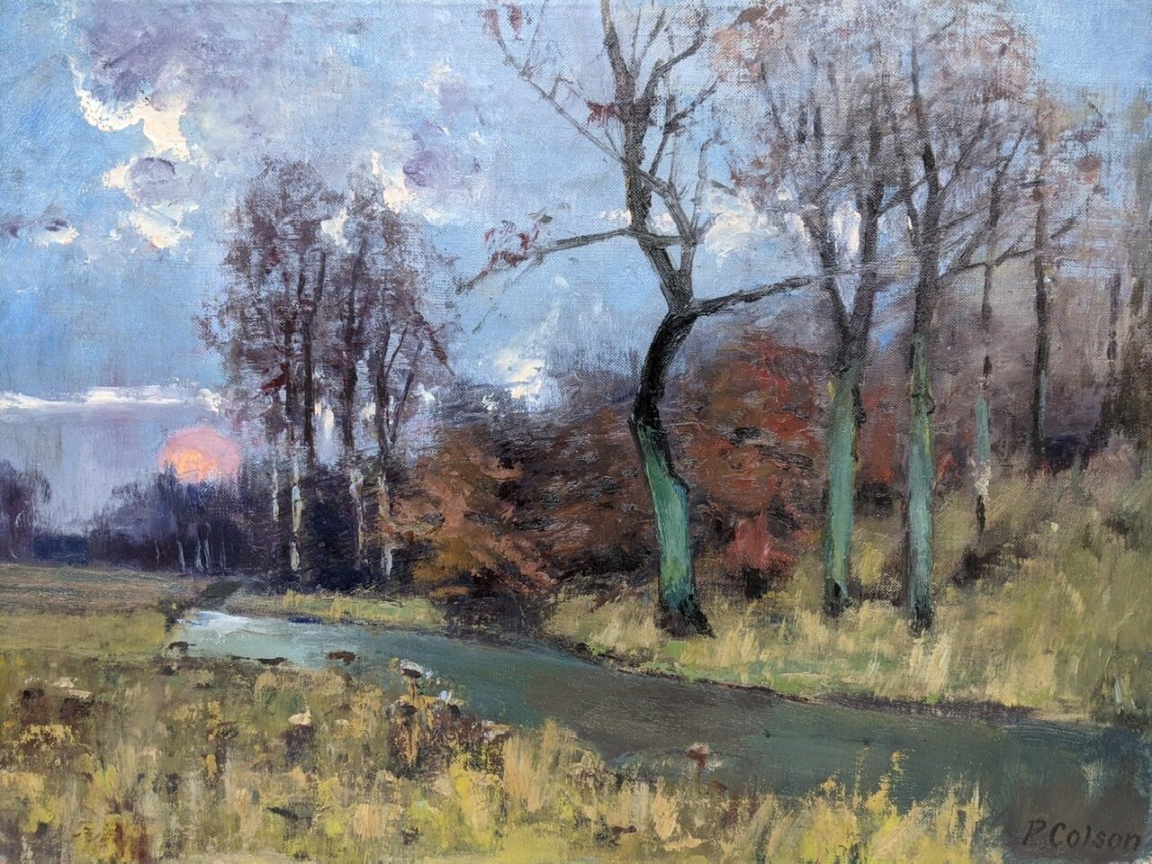 Tableau XXe paysage lacustre coucher de soleil Pierre Colson | Selency