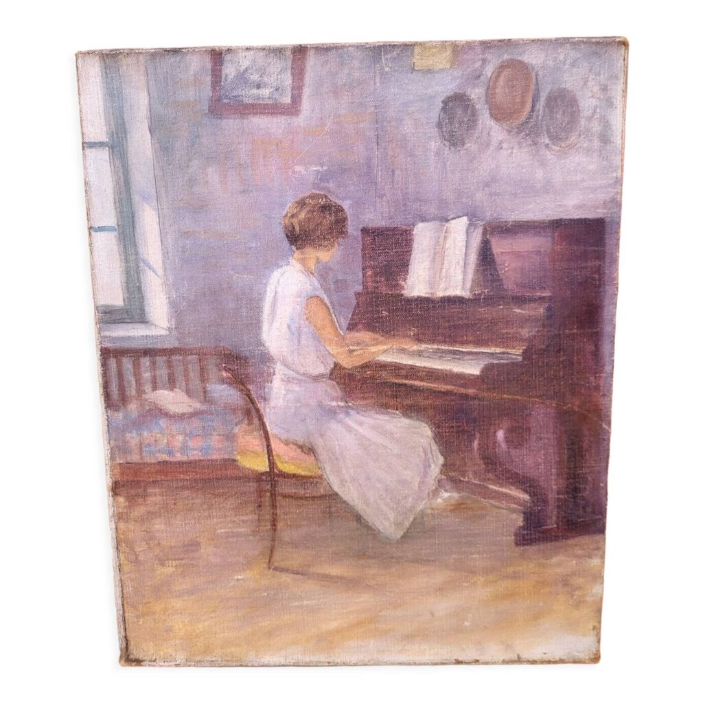 Peinture ancienne, la fille au piano, peinture à l’huile sur toile ...