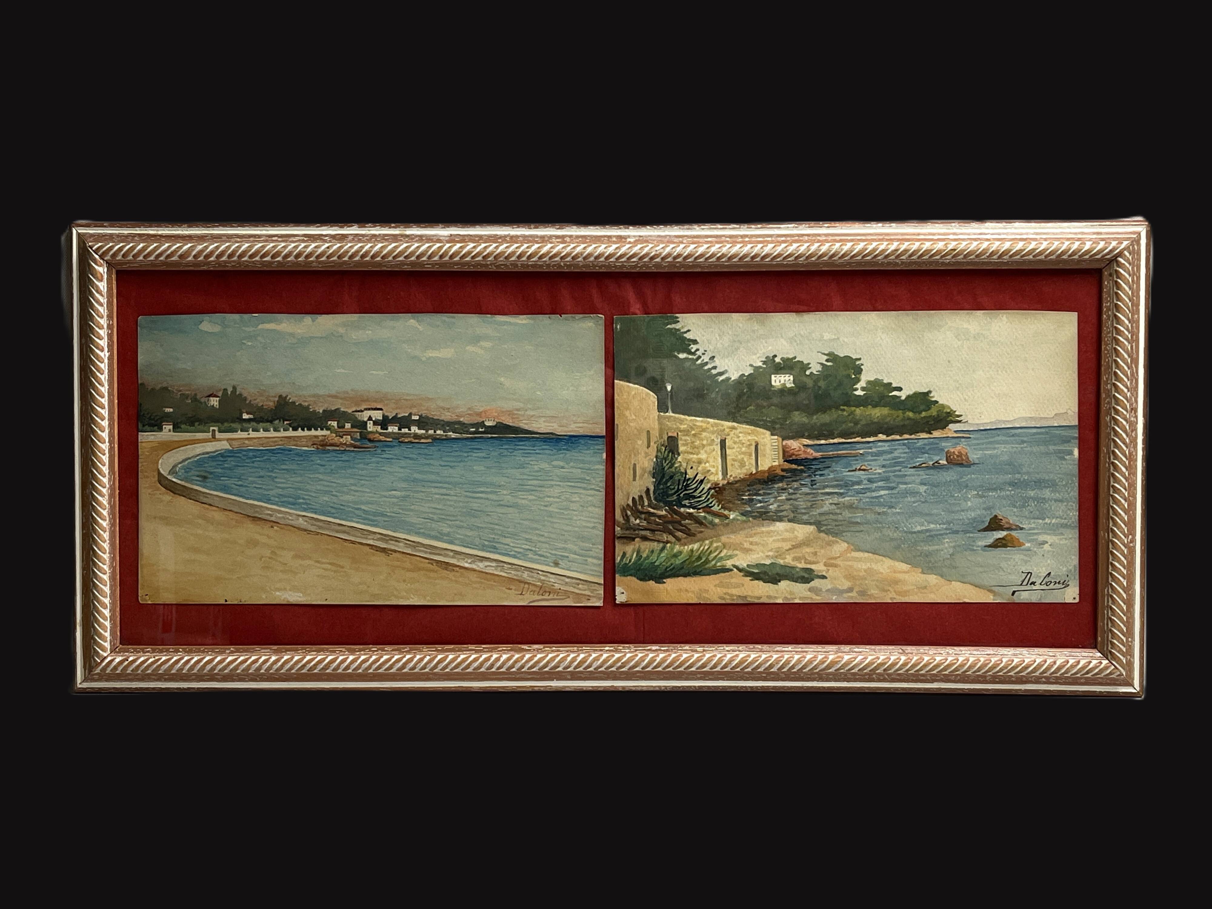 Daloni, paire aquarelles bord de mer méditerranée encadrement XXème ...