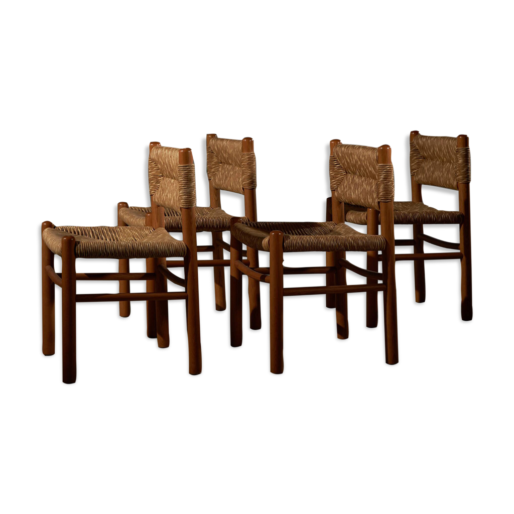 4 chaises en bois et paille dans le style de Charlotte Perriand, 1960 ...