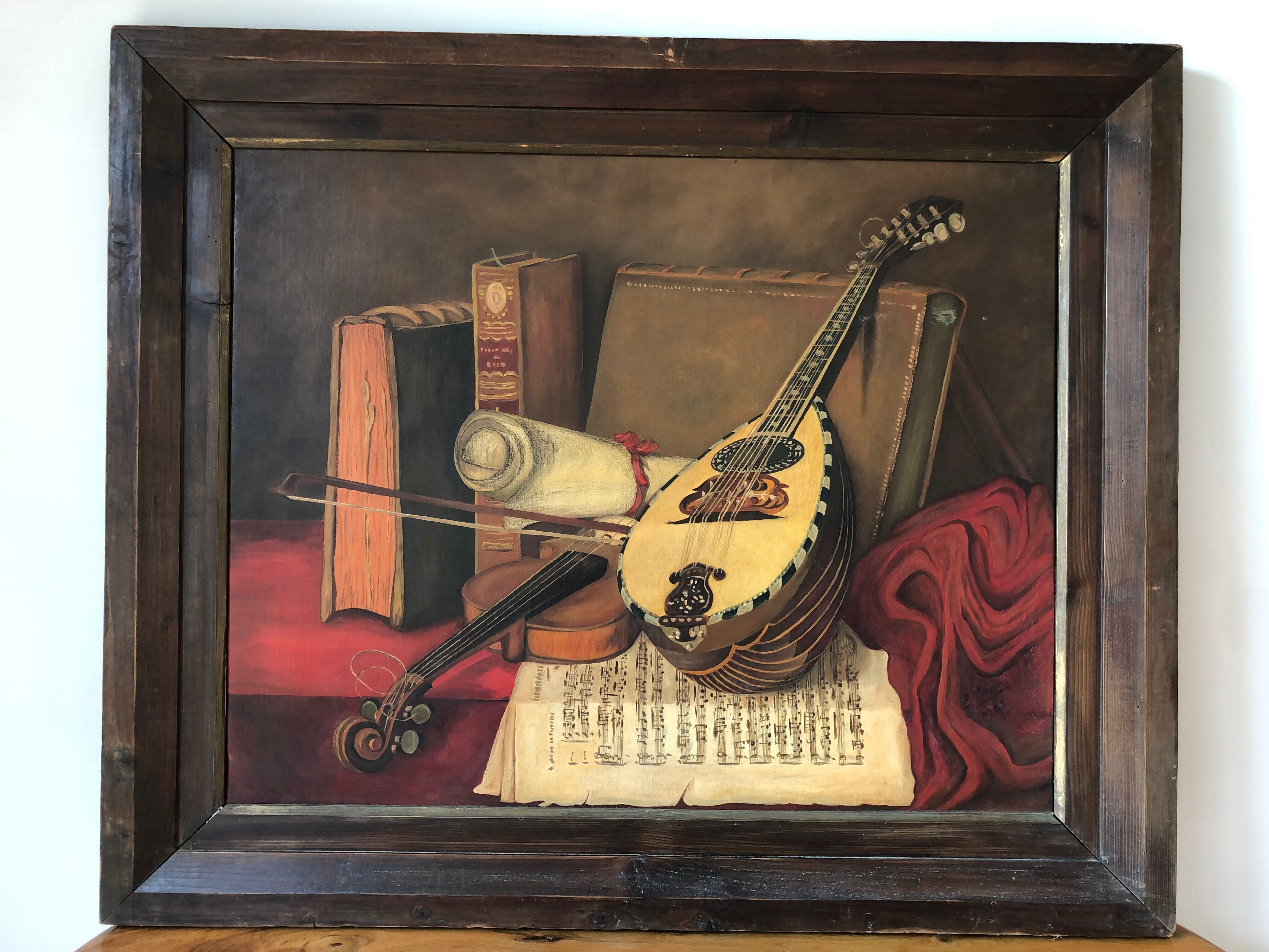 Tableau daté de 1908 nature morte Instruments de musique 81x65, Eugène Fassy | Selency