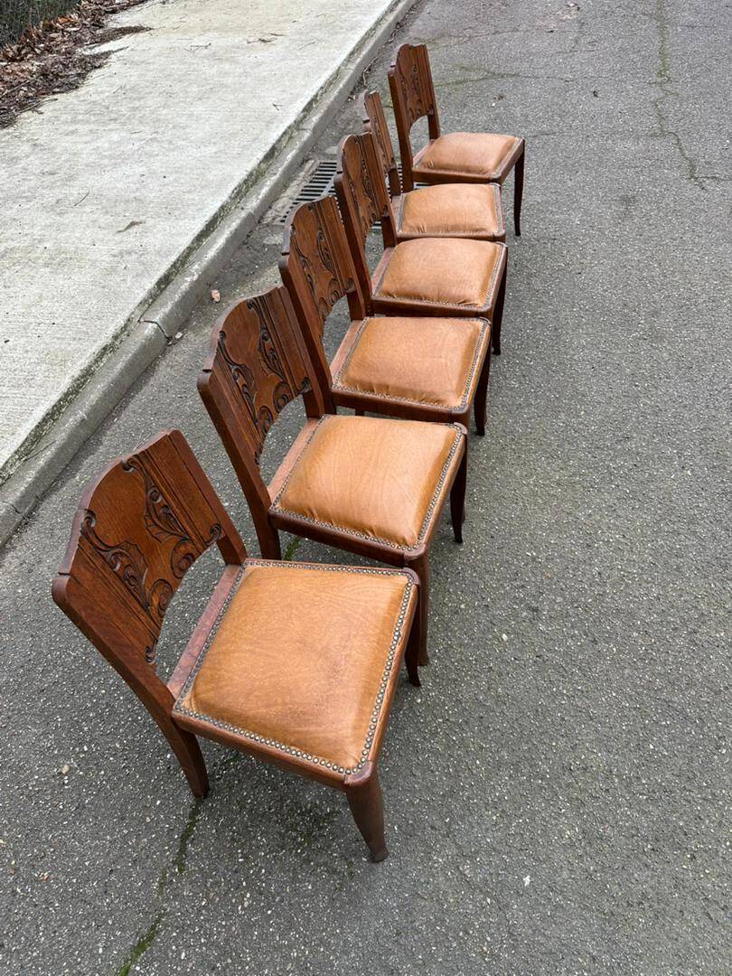 6 chaises gondoles art déco en bois massif chêne cuir skaï marron 1930 ...
