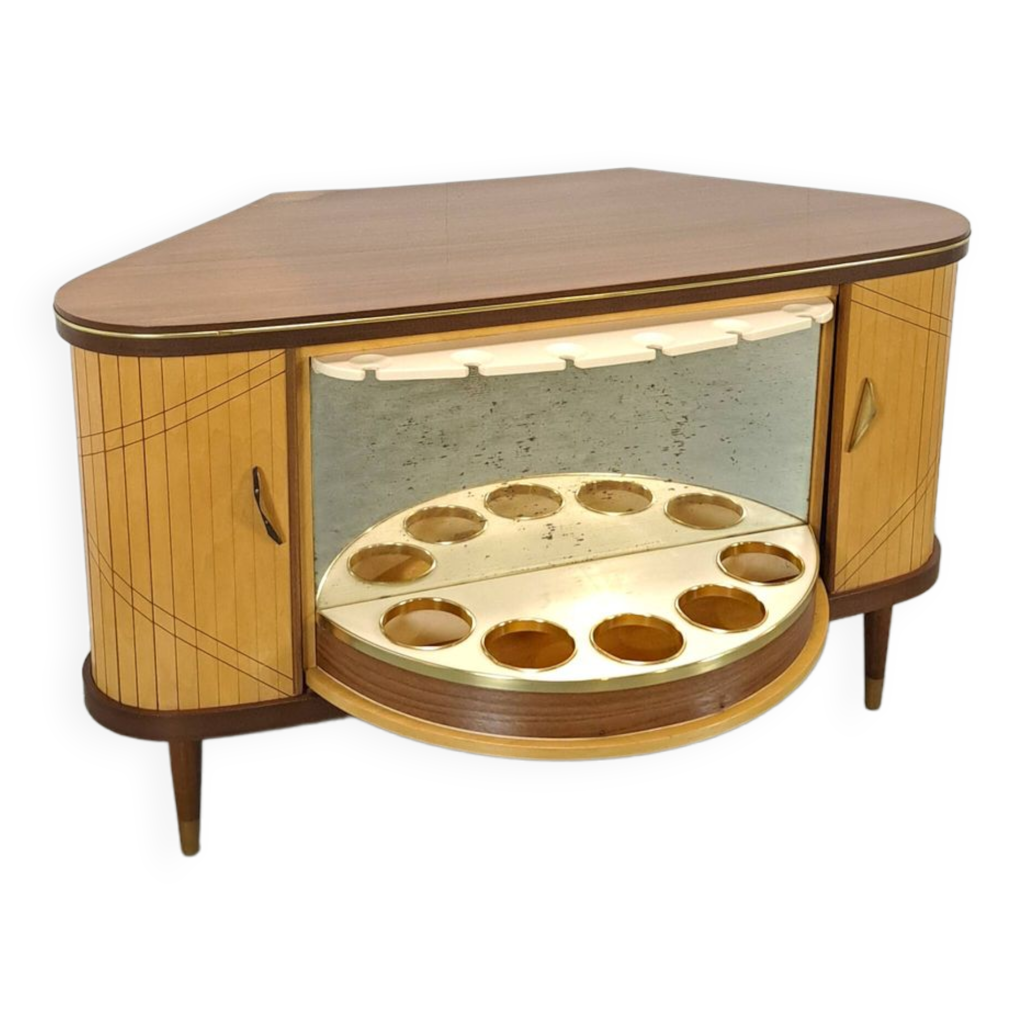 Meuble bar avec porte-bouteilles pivotant et miroir mural vintage | Selency