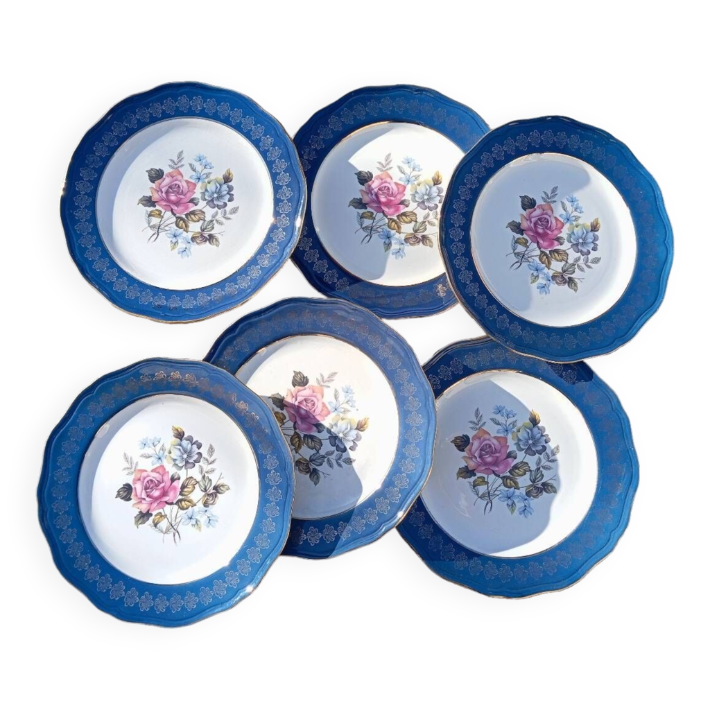 6 retro chic 1950 flat plates, flowers and blue and gold rim | Selency