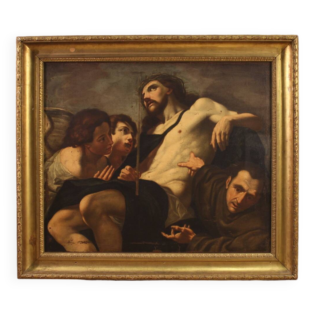 Grand tableau du XVIIème siècle, Le Christ adoré des anges et Saint ...