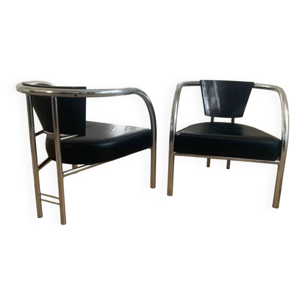 Paire de fauteuils cuir et chrome par Ronald Cecil Sportes | Selency