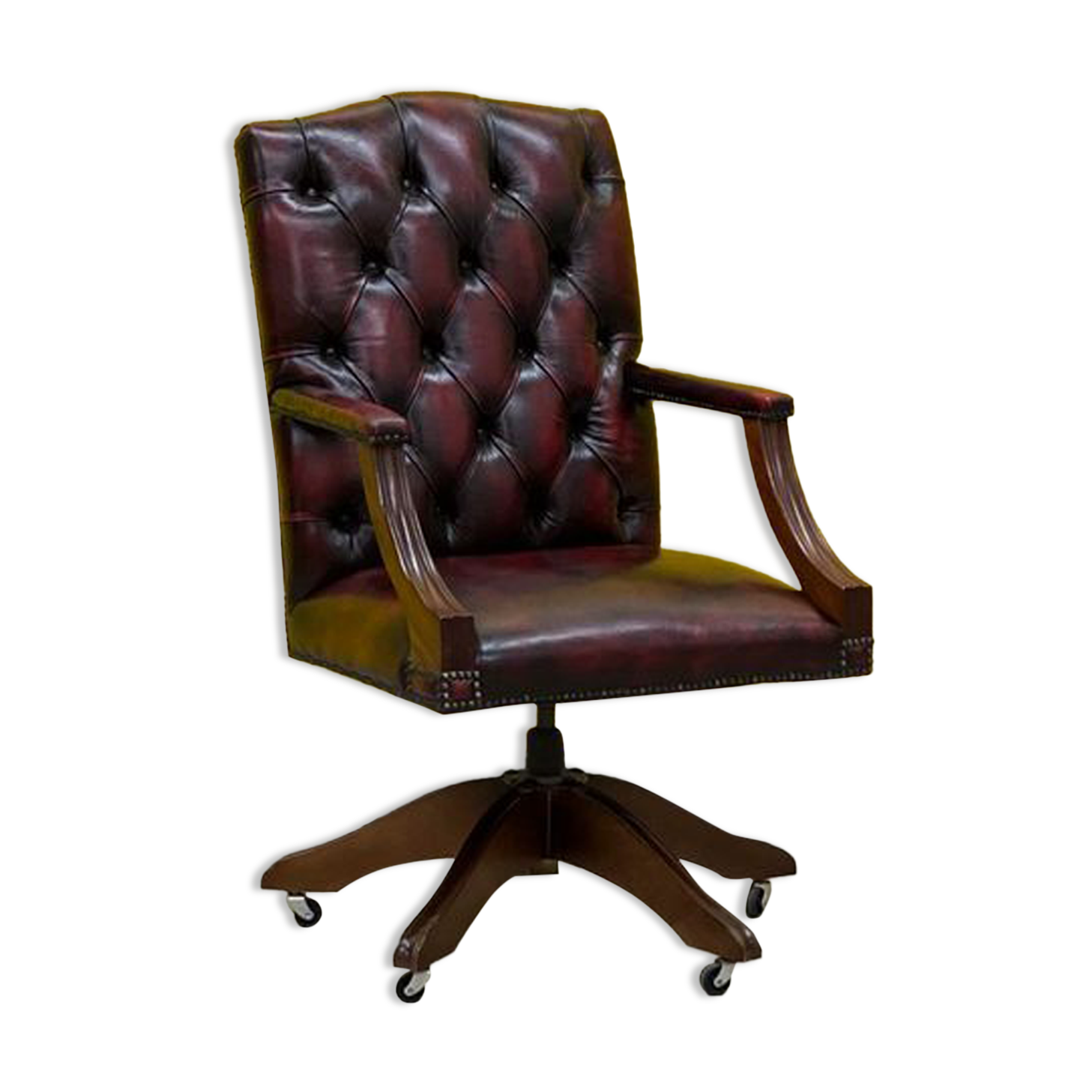 Chaise de bureau pivotante en cuir rouge vintage Chesterfield ...