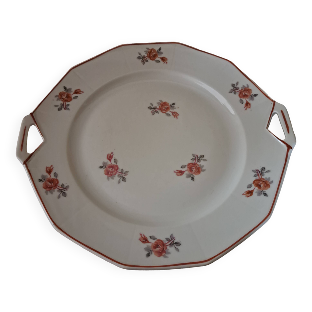 Plat à oreilles décagone en porcelaine LT France décor roses | Selency