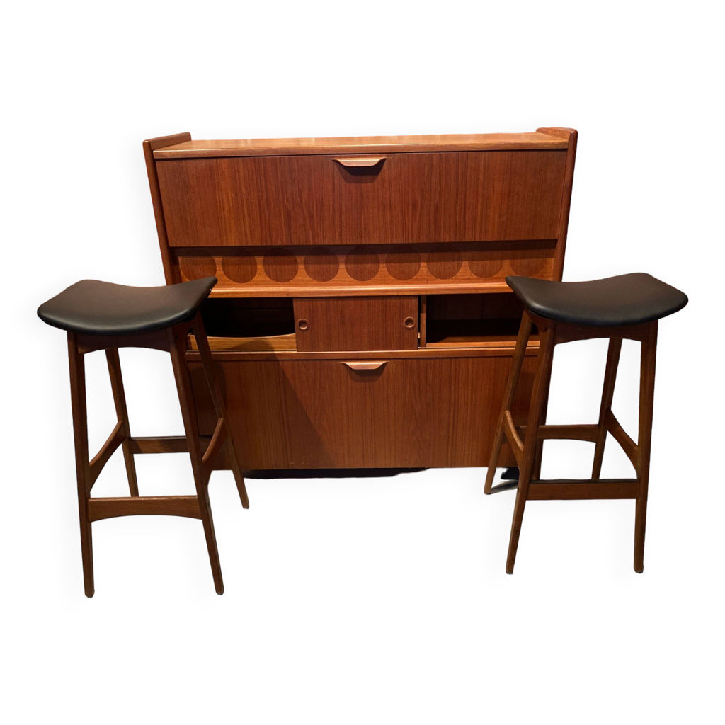 Ensemble bar et 2 tabourets signés | Selency