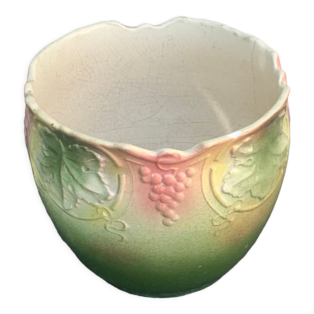 Cache pot barbotine en ceramique émaillée, motif le raisin ancien art ...