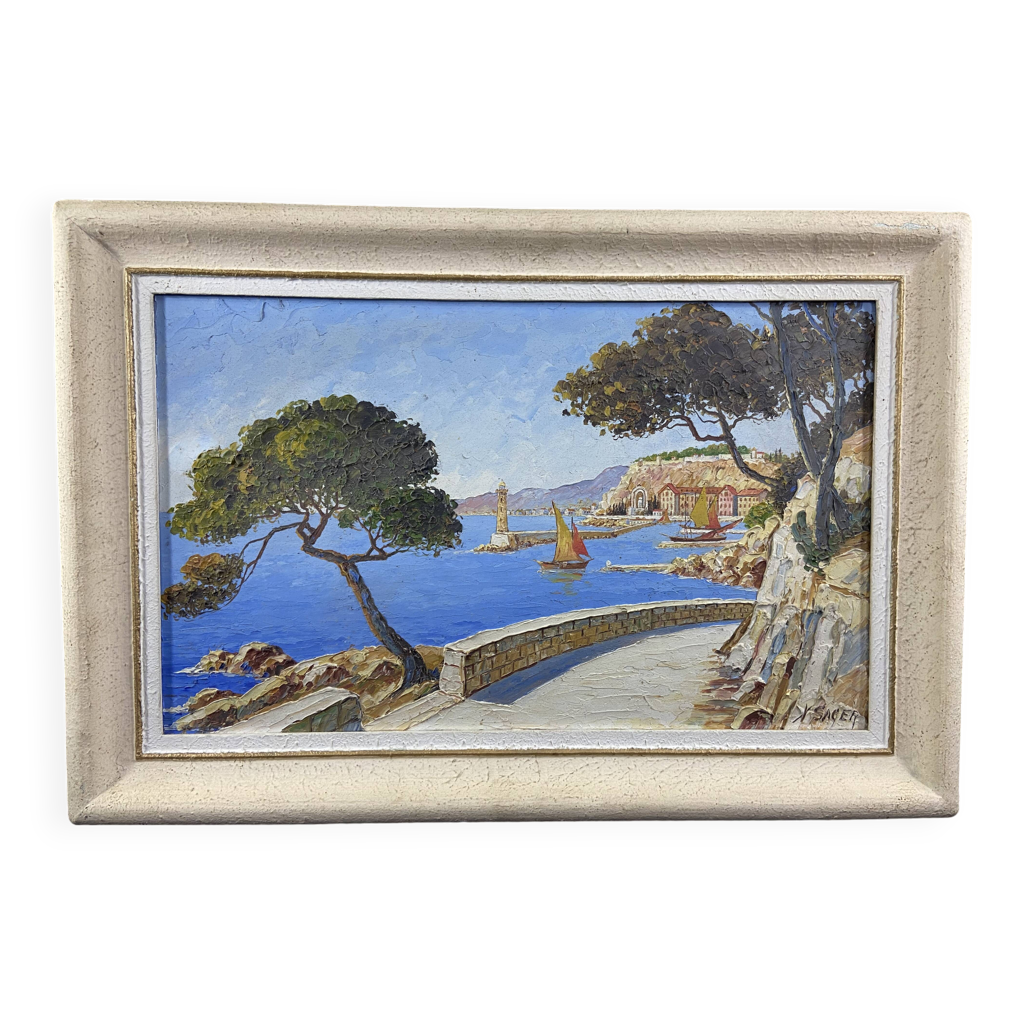 Tableau signé Xavier SAGER 1881-1969 Route de Nice vue sur port | Selency