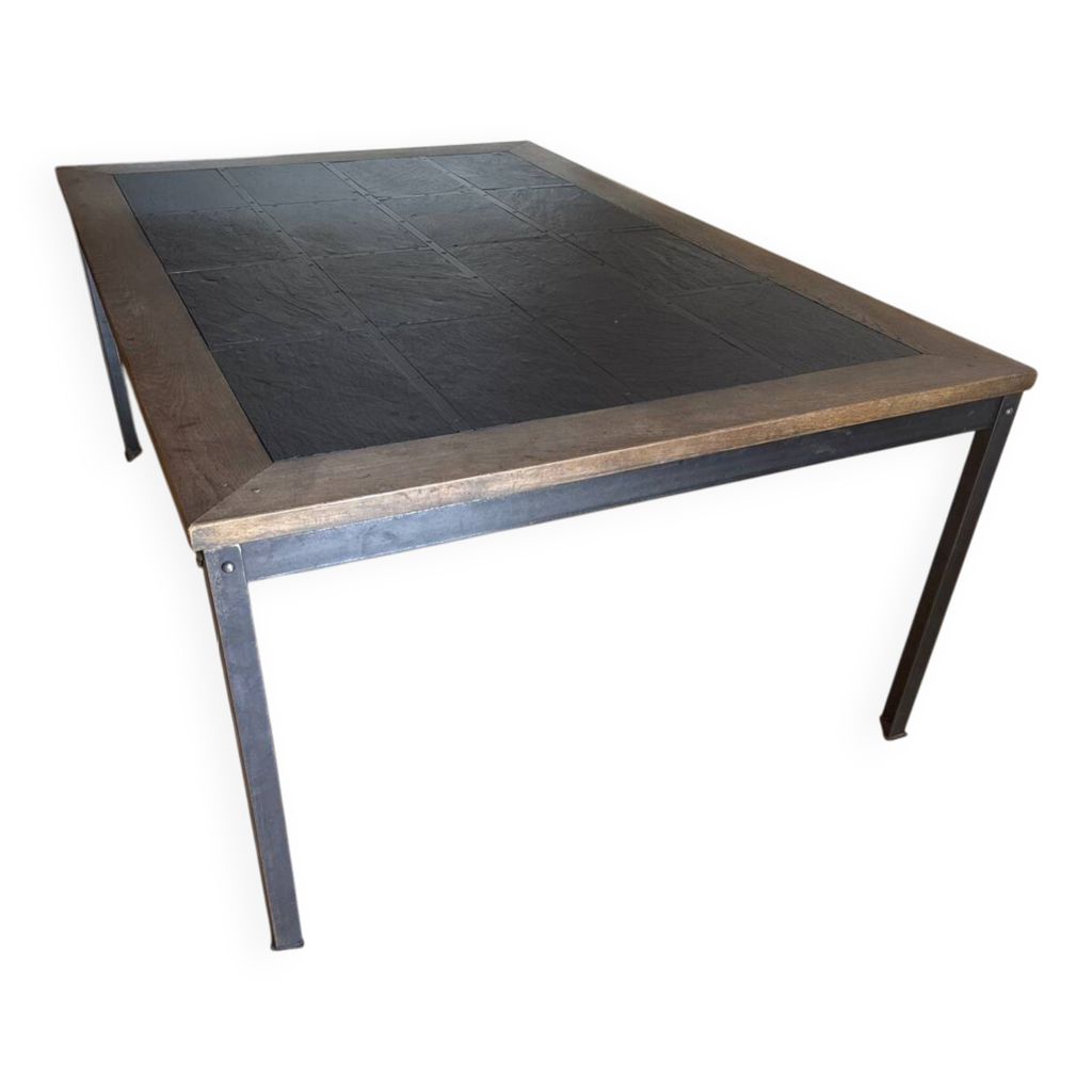 Table à manger style industriel en bois et ardoise | Selency