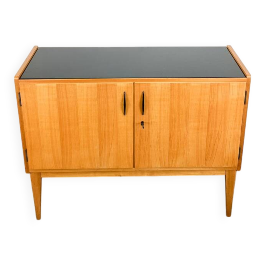 Small sideboard, WK Möbel, light coloured veneer with black glass top ...