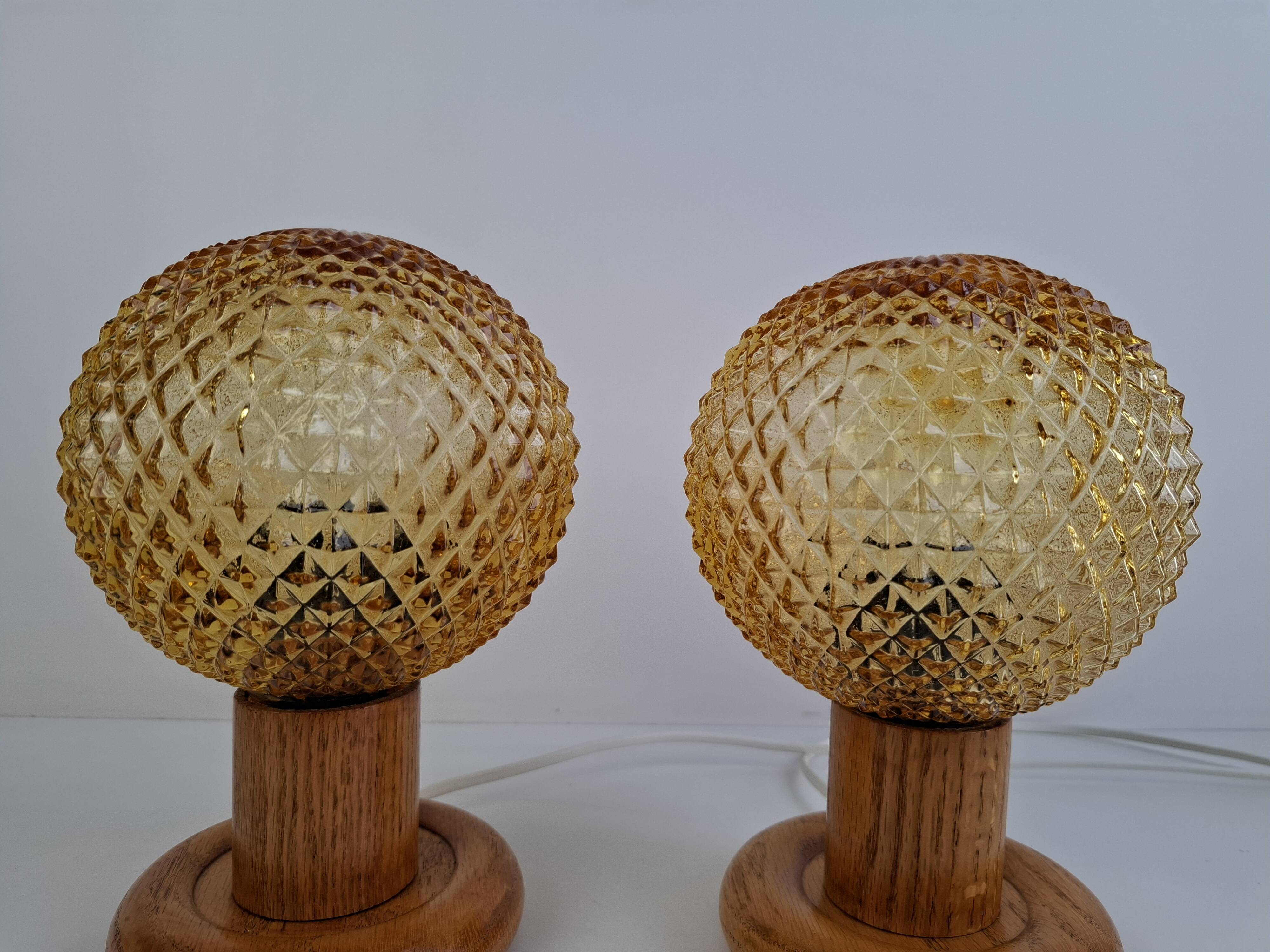 Pair of Mid-Century Table Lamps with Amber Glass and Wood Base | Selency