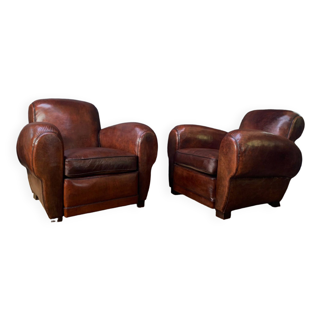 Paire de fauteuils club français en cuir, modèles Havana Gang-box, vers ...