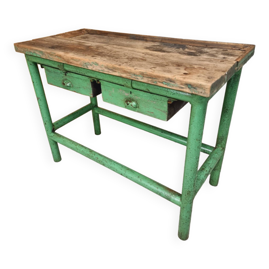 Ancien établi industriel table de travail vert | Selency