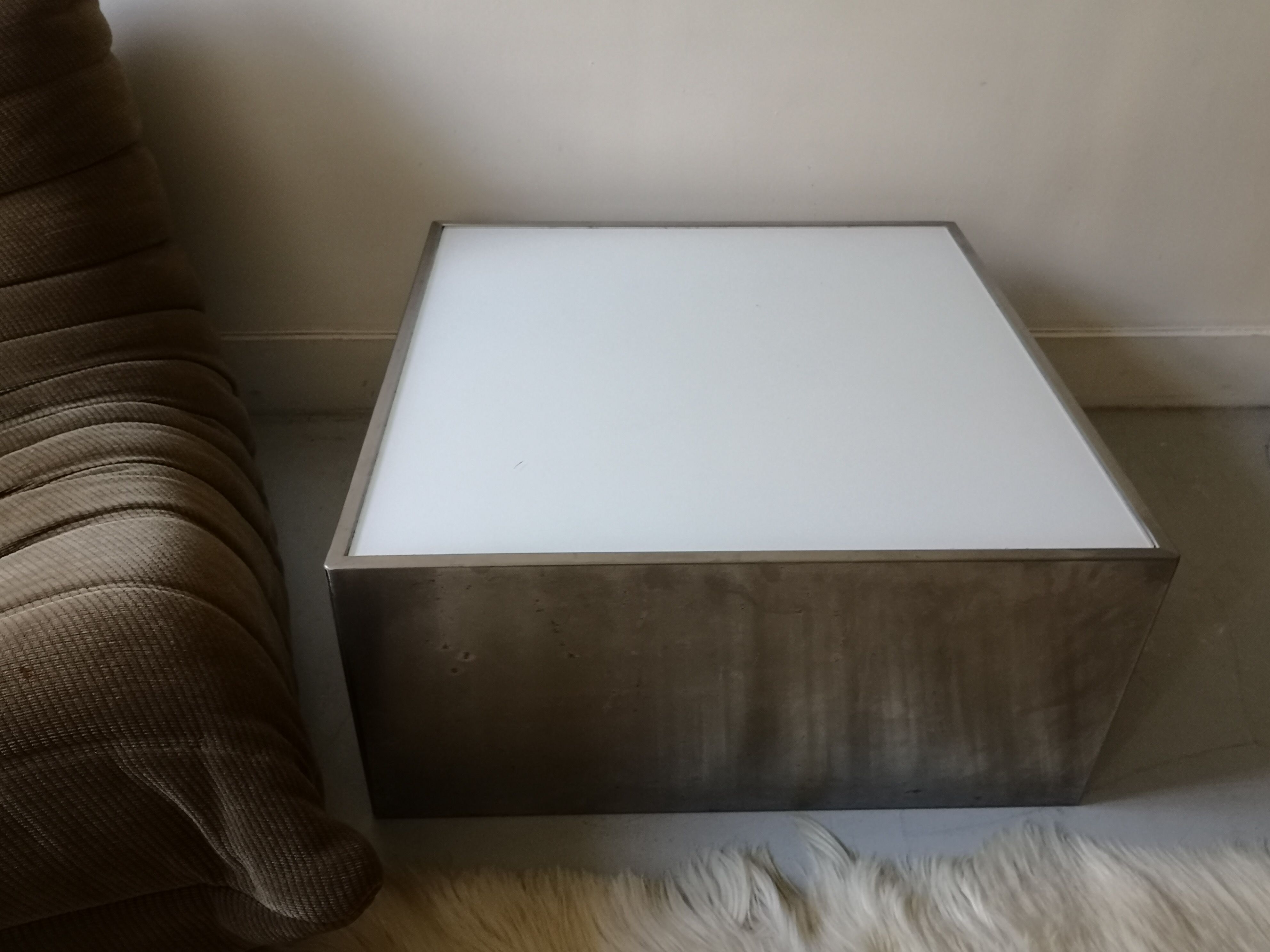 Table basse bloc carrée verre blanc et métal cube design 1970 | Selency