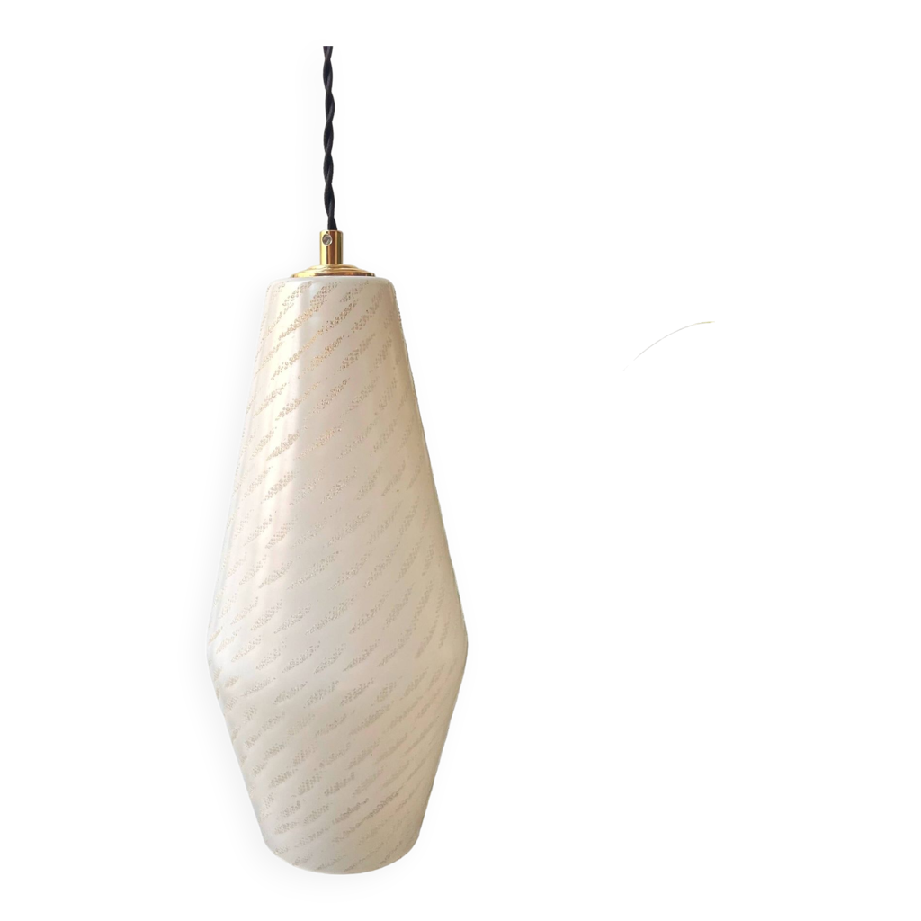 Grande suspension en verre blanc texturé années 50 | Selency