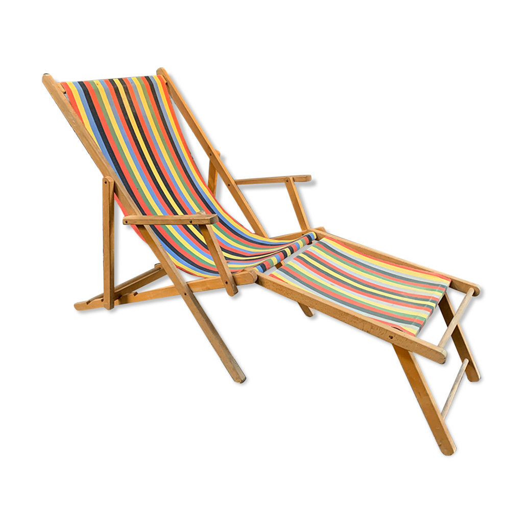 Transat en bois avec repose pieds et tissus coloré années 1950 | Selency