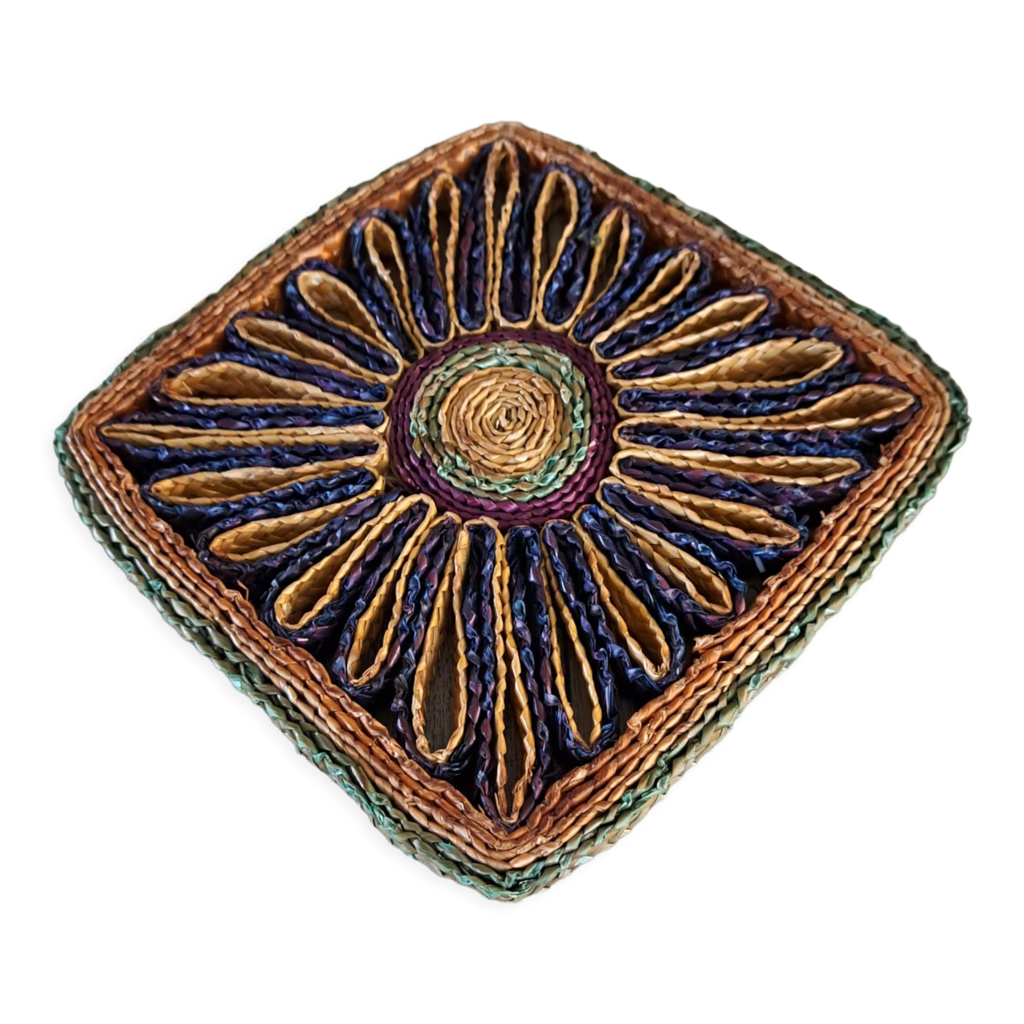 Dessous de plat en raphia tressé multicolore - vintage | Selency