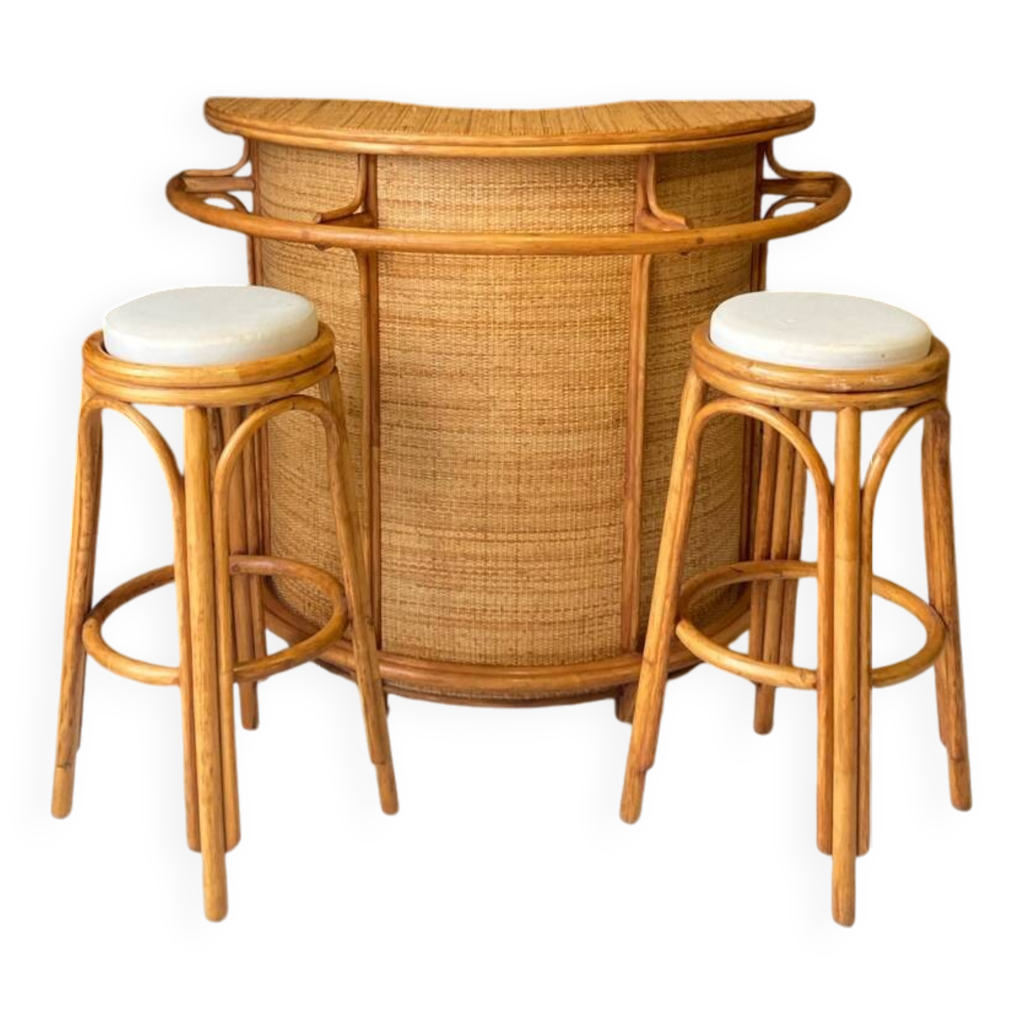 Bar, comptoir en rotin et ses deux chaises | Selency