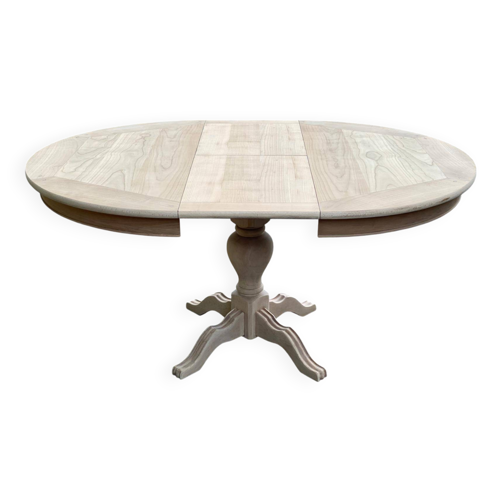 Table à manger ronde extensible pied central rénovée en bois brut XXème ...