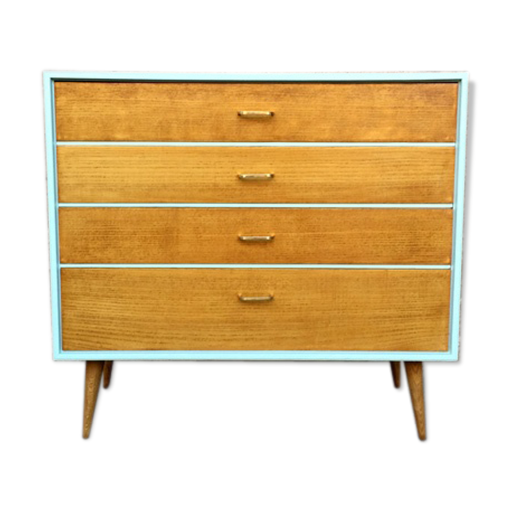 Commode vintage pieds compas, 4 tiroirs, espace coiffeuse avec miroir | Selency