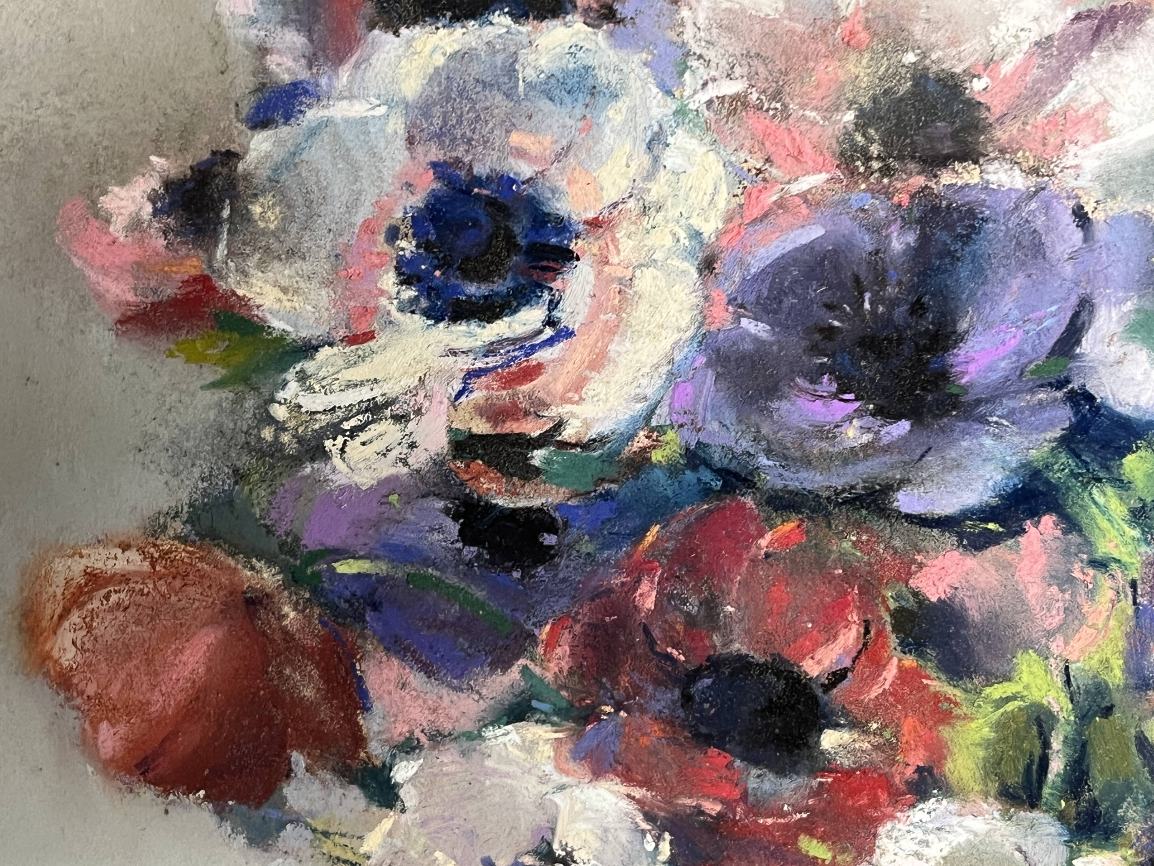 BURON Henri, Pastel nature morte bouquet anémones signé vers 1950 | Selency