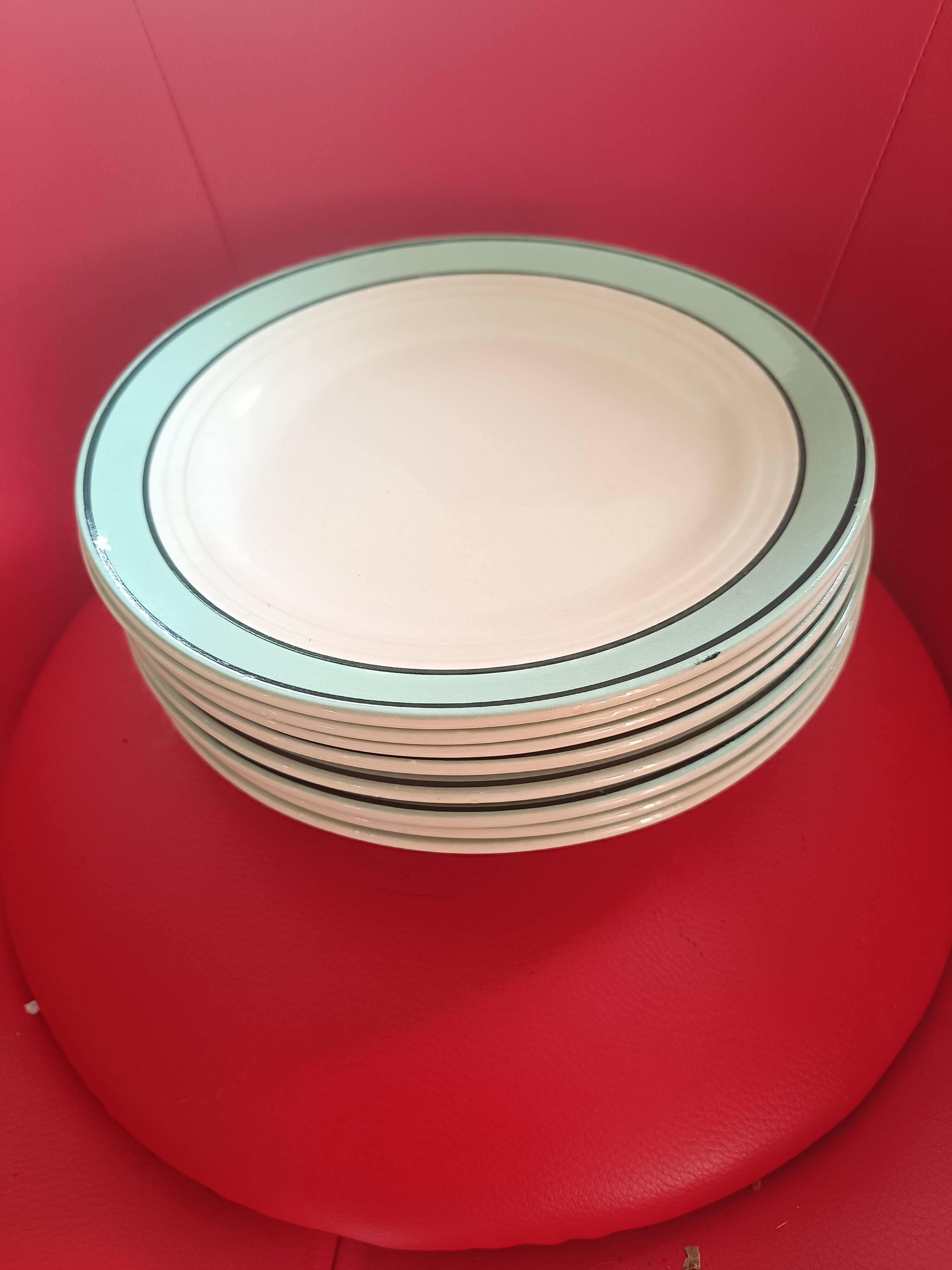 Lot de 10 assiettes St Amand. Modéle Amanda. Blanches entourage vert d ...