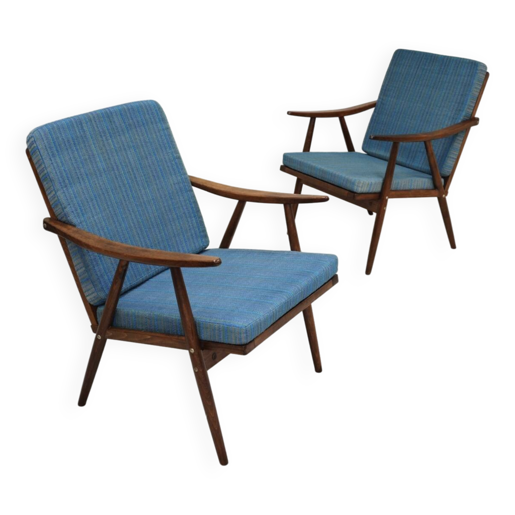 Paire de fauteuils boomerang bleu Antonin Suman pour Ton (Thonet) 1960 ...