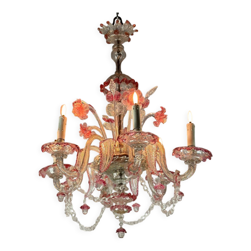 Lustre vénitien en verre de murano incolore et rouge, 6 bras de lumière ...