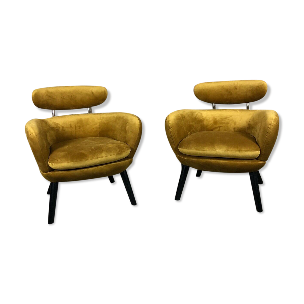 Paire de fauteuils vintage cosy en velours coloris moutarde | Selency