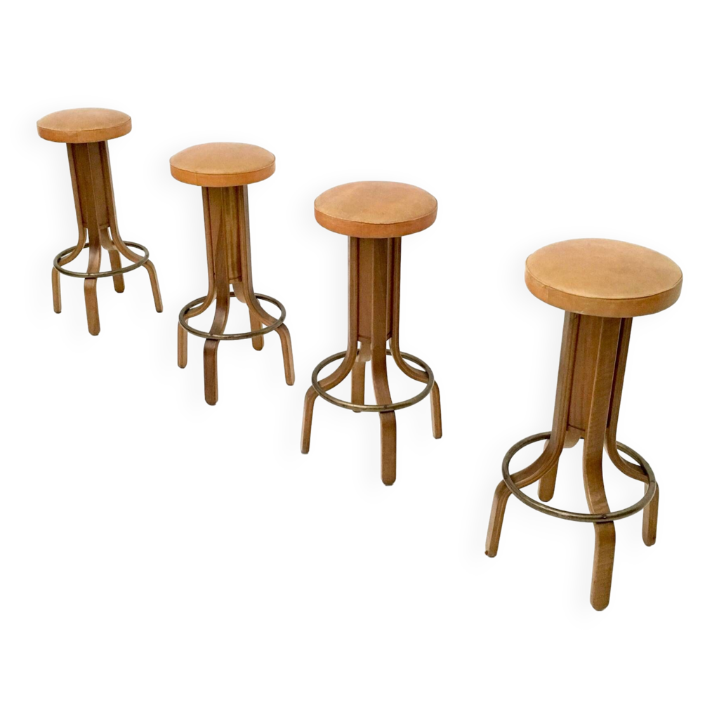 Four Postmodern Camel Color Leather & Walnut Plywood Revolving Stools ...