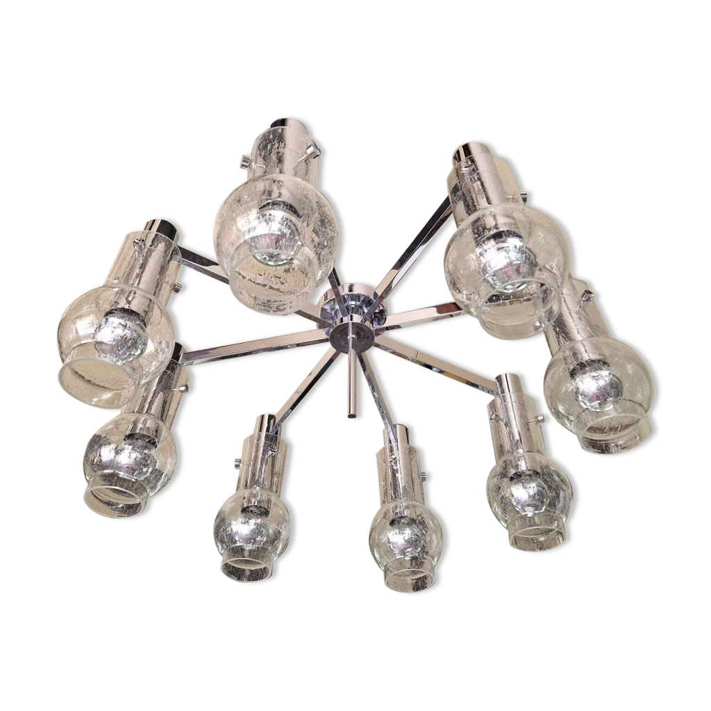 Grand plafonnier/lustre en métal chromé et verre soufflé bullé, années ...