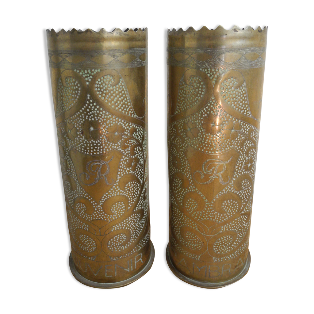 Pair of vases with engraved shell casings, WW1 trench art | Selency