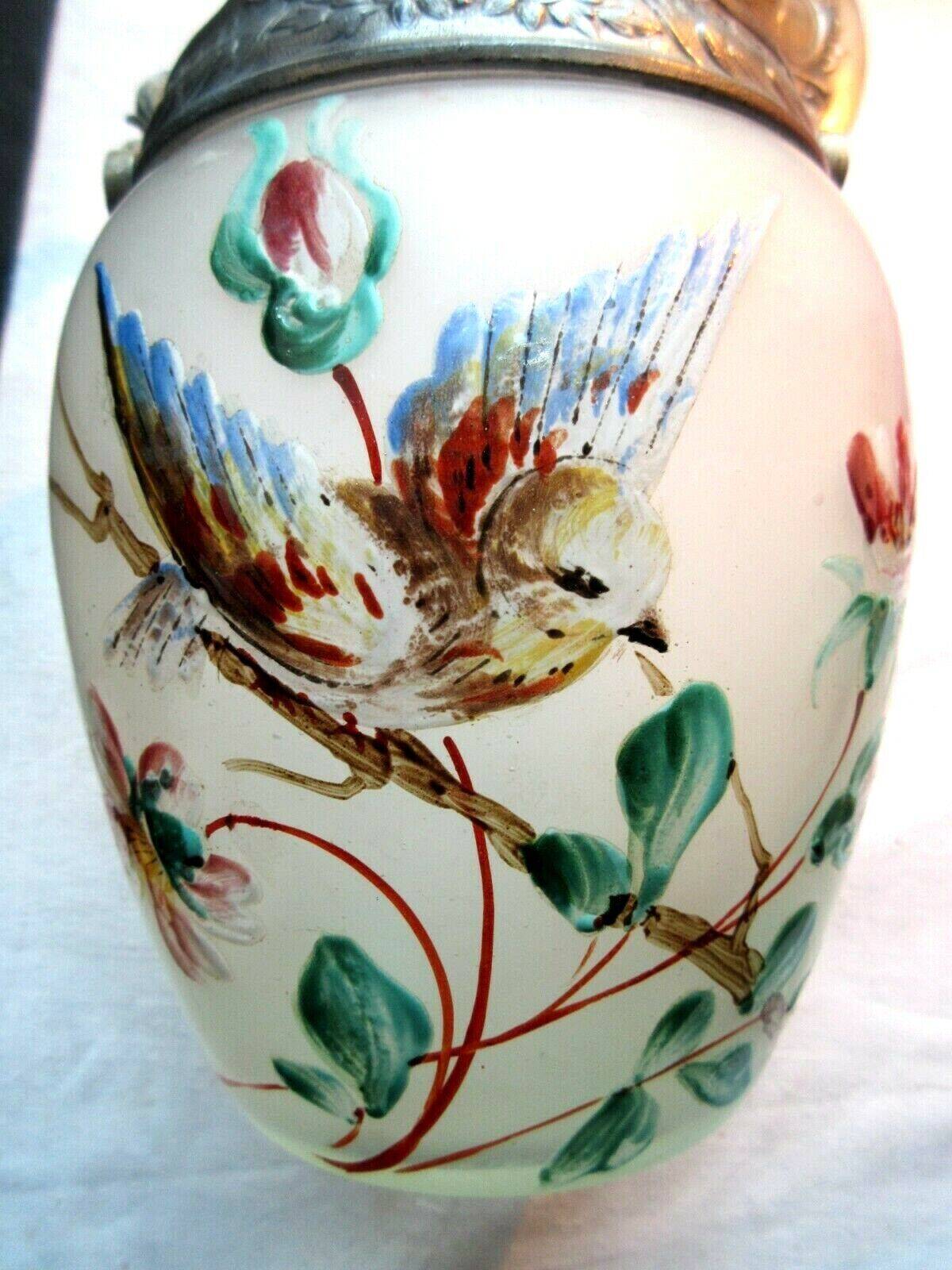Seau à biscuits art nouveau pot verre émaillé legras: oiseau, mésange ...