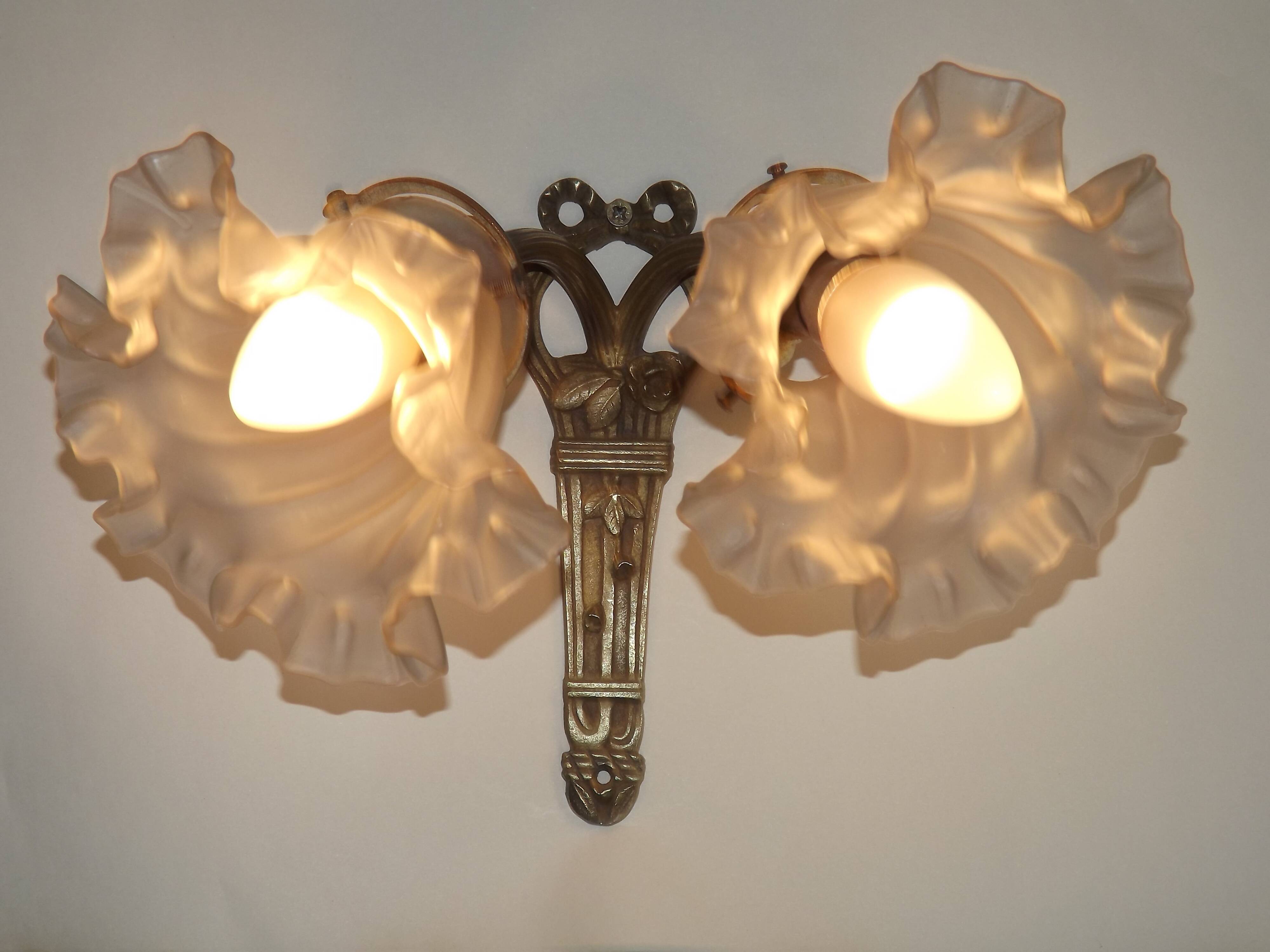 Double French Bronze Art Nouveau Wall Light Ribbon Detail Glass Shades 4879 | Selency
