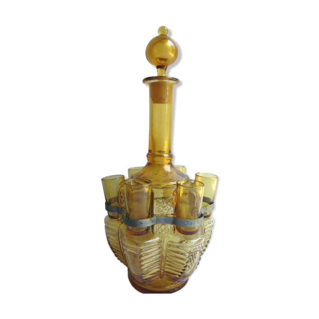 Carafe à liqueur avec 6 verres ambre service Legras Art Nouveau ...
