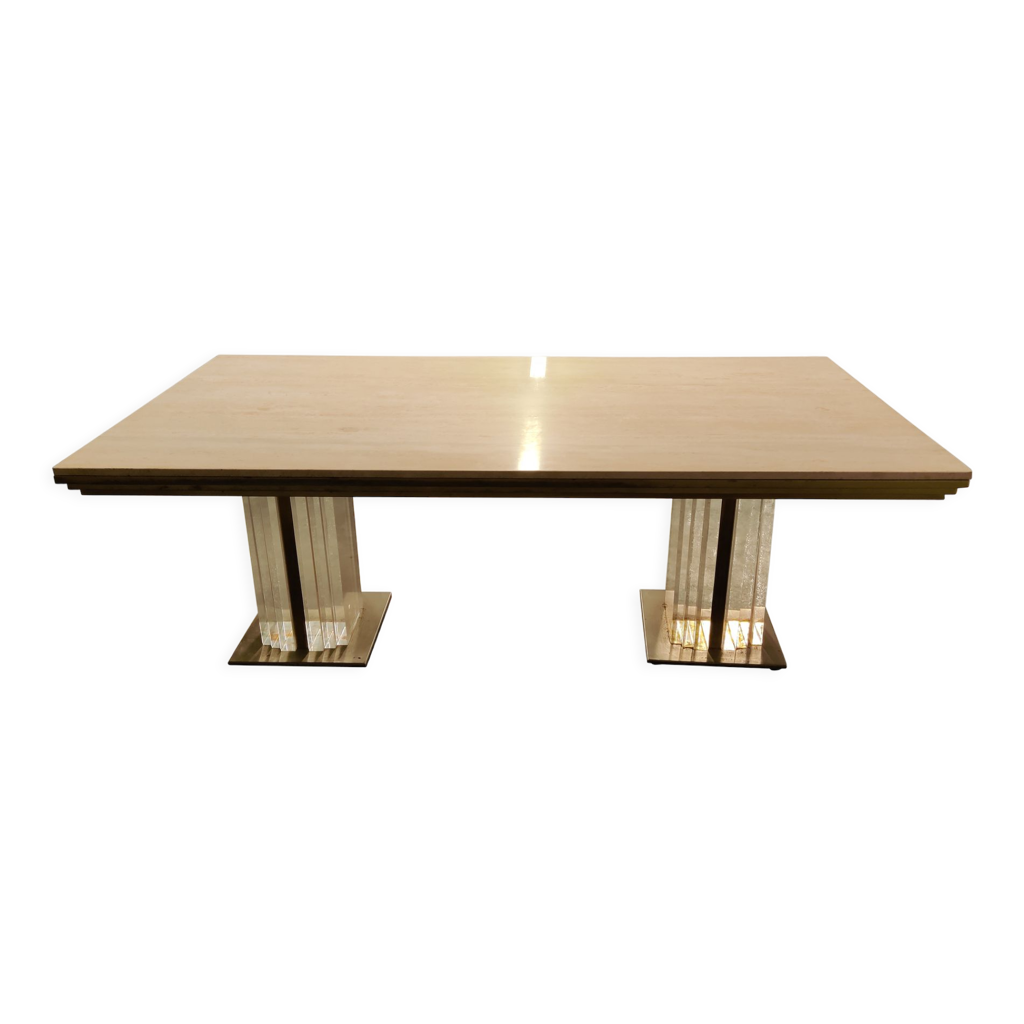 Table à manger en laiton et travertin, années 1970 | Selency