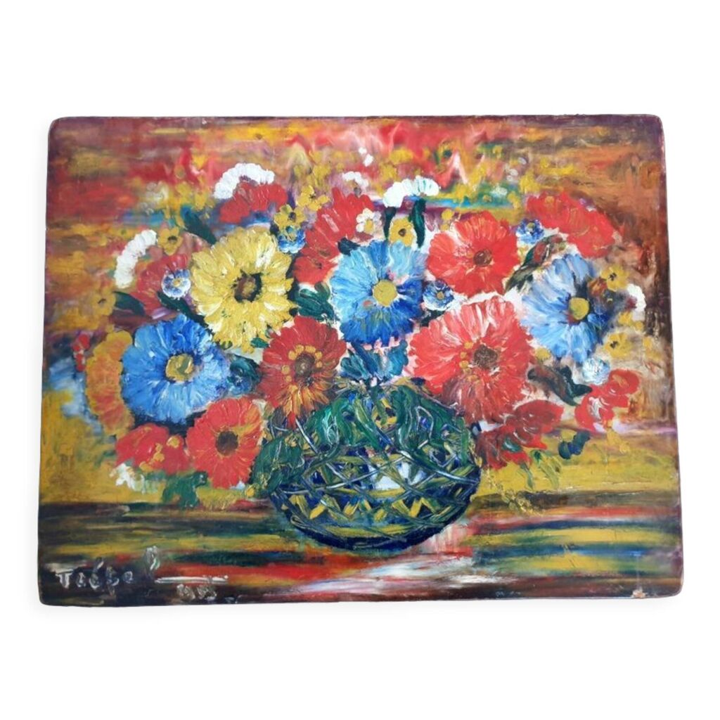 Huile sur isorel "Bouquet de fleurs, Dahlias", Georges Trepel (XXème siècle) | Selency