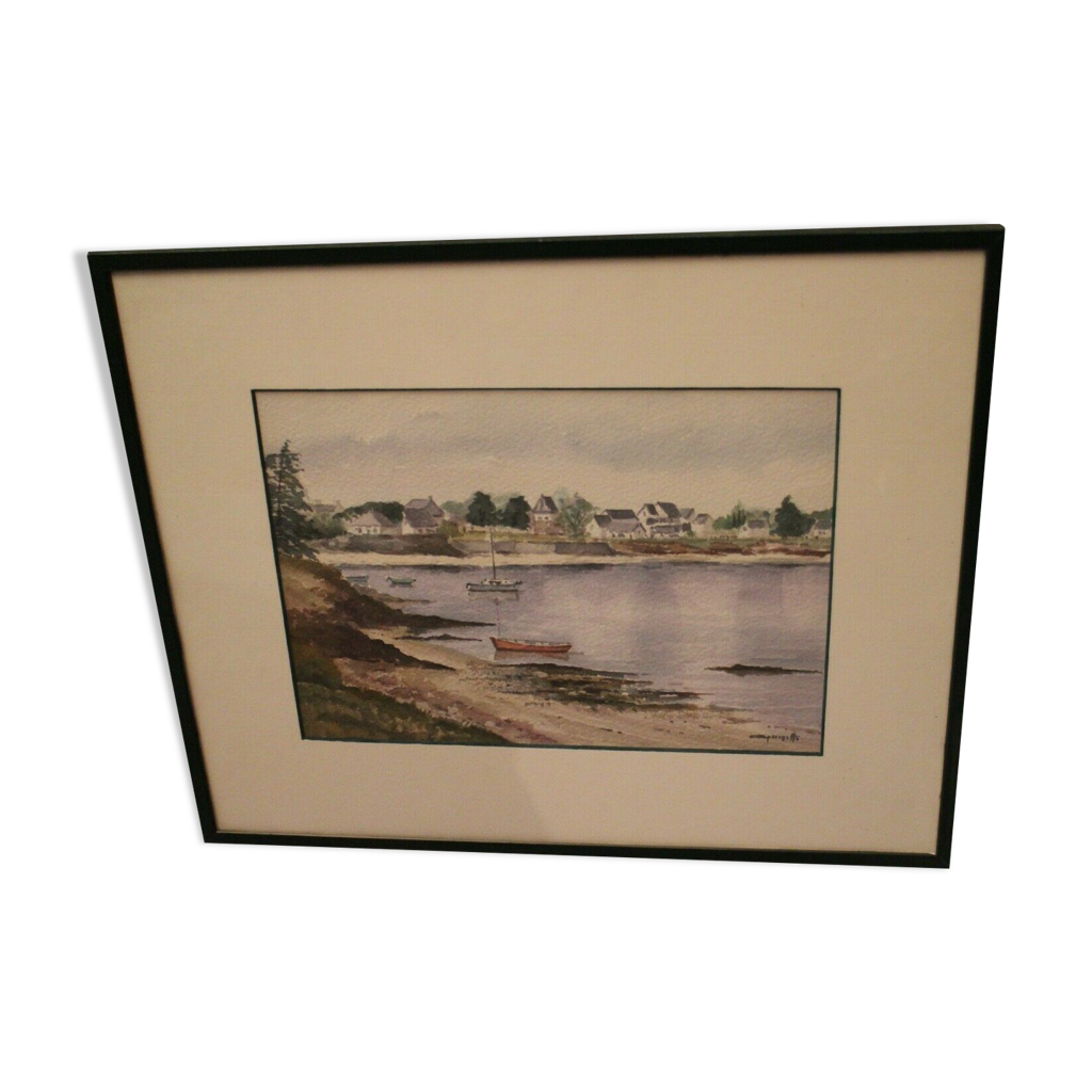 Aquarelle signée Quinette paysage littoral breton golfe du Morbihan ...