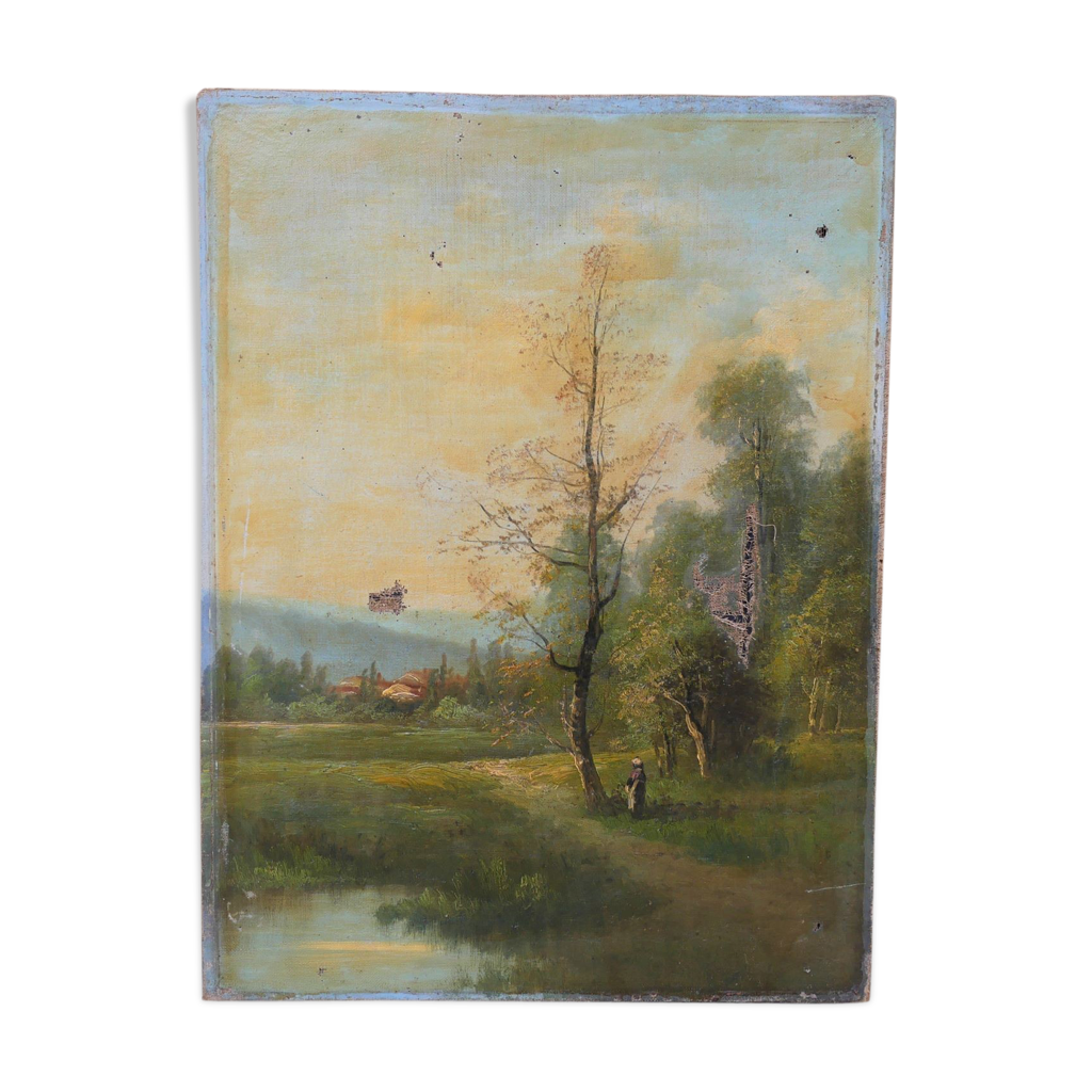Tableau ancien paysage peinture sur toile | Selency