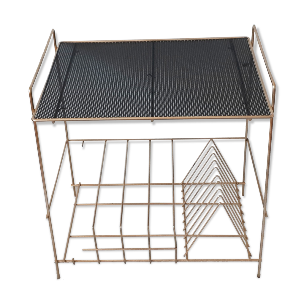 Table porte électrophone en métal ajouré et doré | Selency
