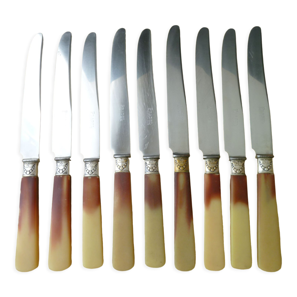 Set de 9 anciens couteaux de table Pradel acier inoxydable et corne ...