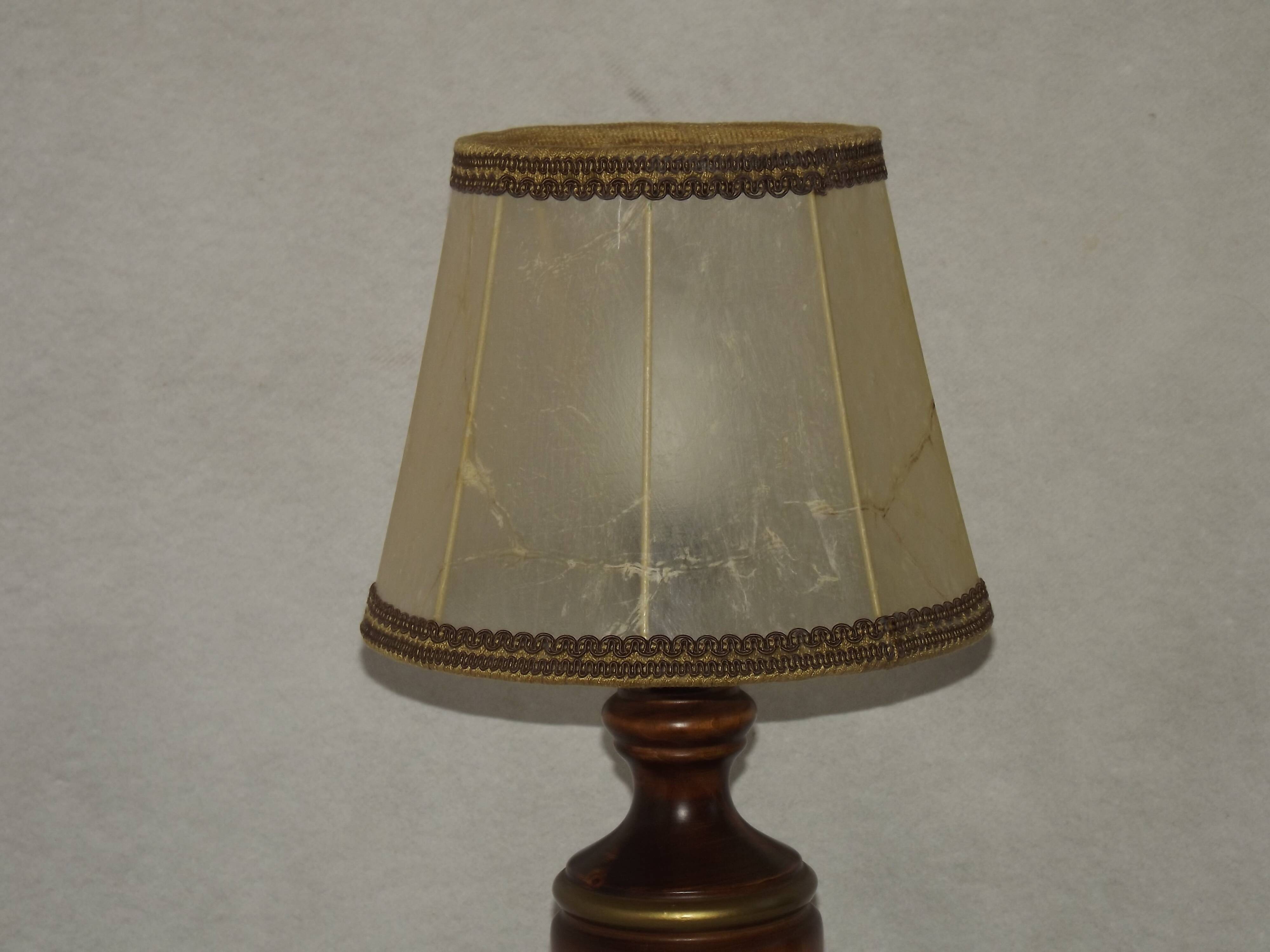French Mid Century Round Turned Wood Table Lamp With Hide Skin Shade ...